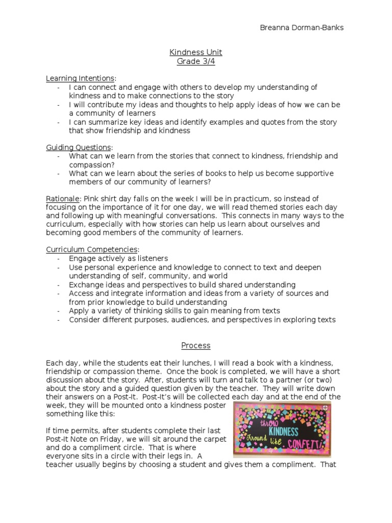 Kindness Unit for Grades 3/4 Classroom | PDF | Curriculum | Learning