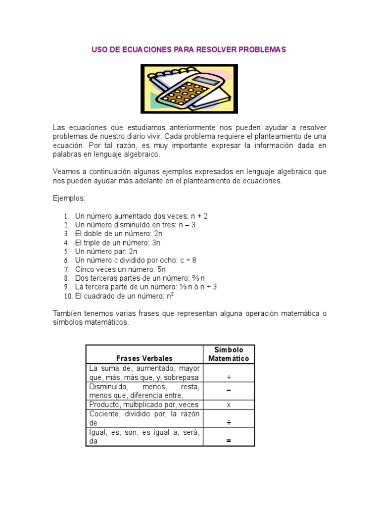4 - Ecuaciones para Resolver Problemas Verbales | PDF | Multiplicación ...