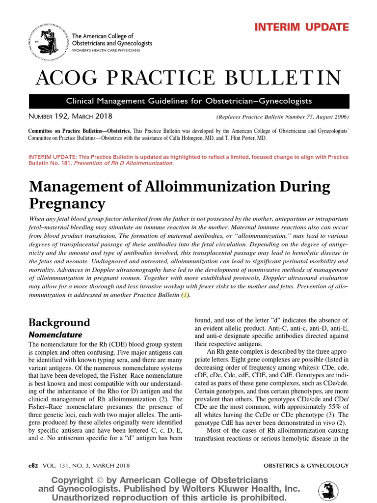 Acog Practice Bullet In: Management of Alloimmunization During ...