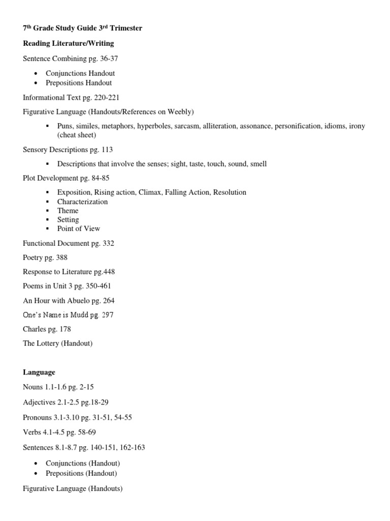 7 Grade Study Guide 3 Trimester Reading Literature/Writing: TH RD | PDF ...