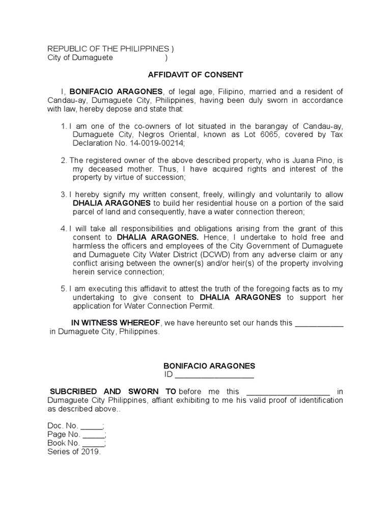 Affidavit of Consent for Water Connection | PDF | Finance & Money ...