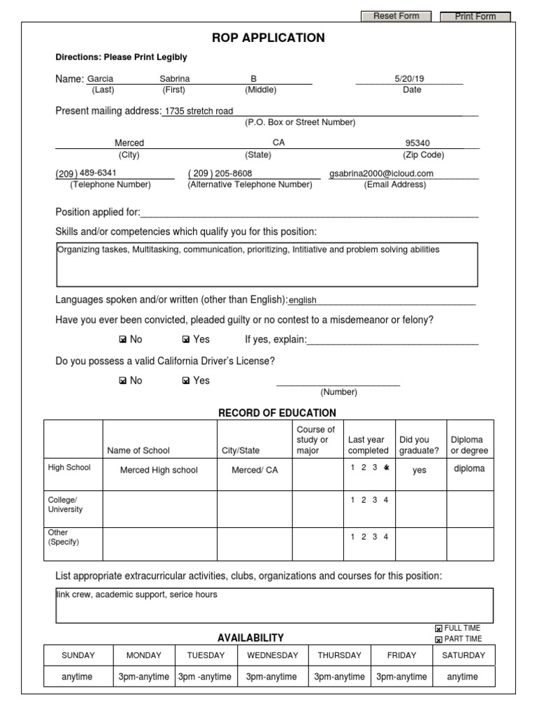 Rop Job Application With Availability - Fillable For Website | PDF ...