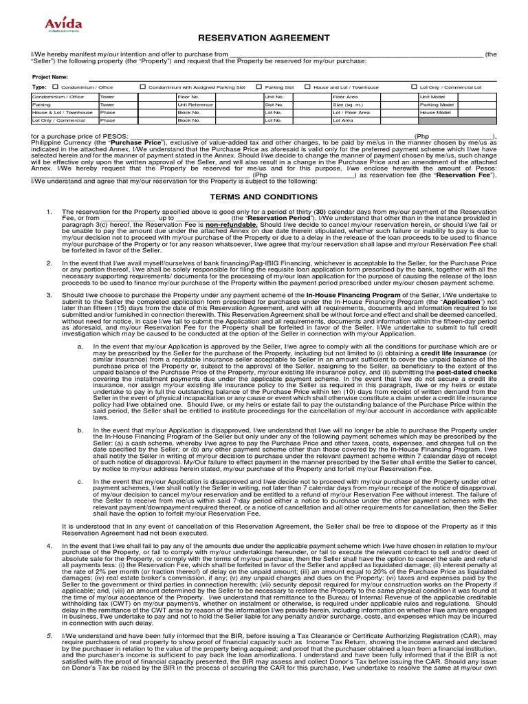 Avida Revised Generic Reservation Agreement 051017 | PDF | Life ...