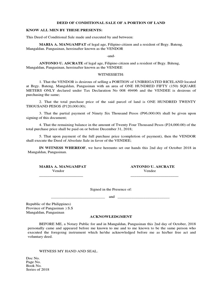 Deed of Conditional Sale of A Portion of Land | PDF