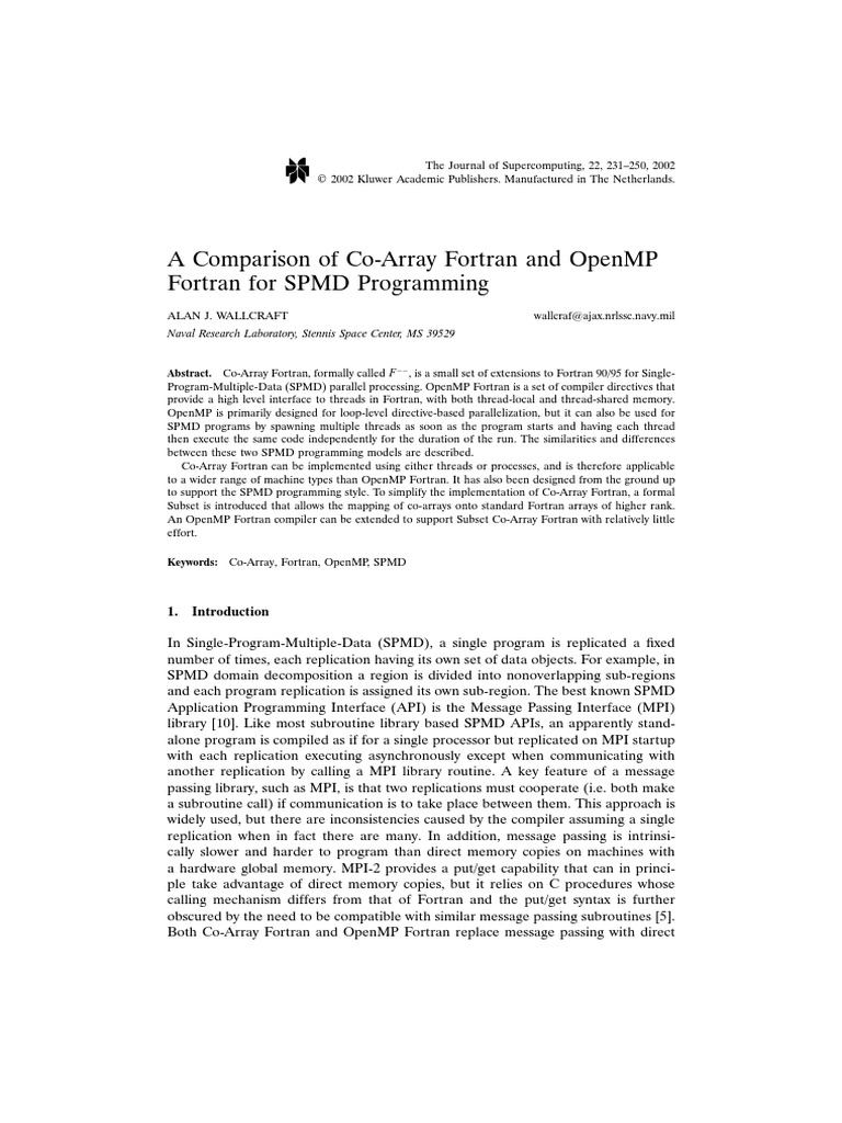 A Comparison Of Co Array Fortran And Openmp Fortran For Spmd Programming Pdf Message Passing