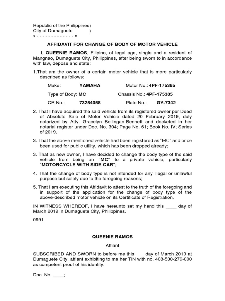 Affidavit For Change of Body of Motor Vehicle | PDF