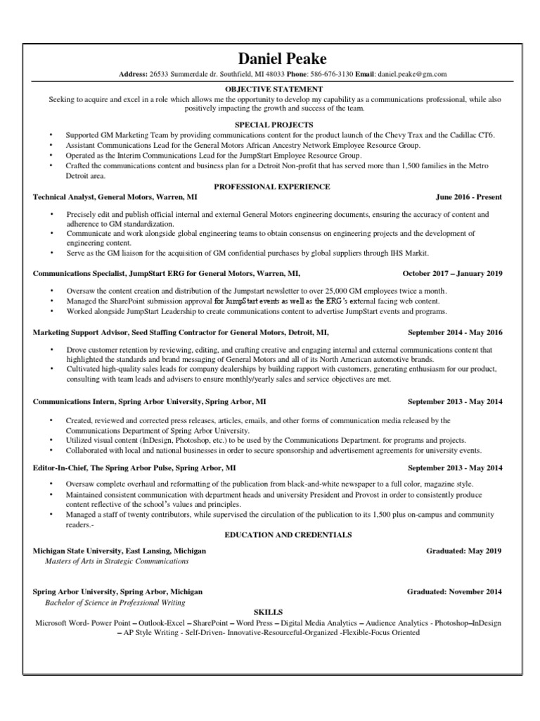 Daniel Peake Resume | PDF | General Motors | Business