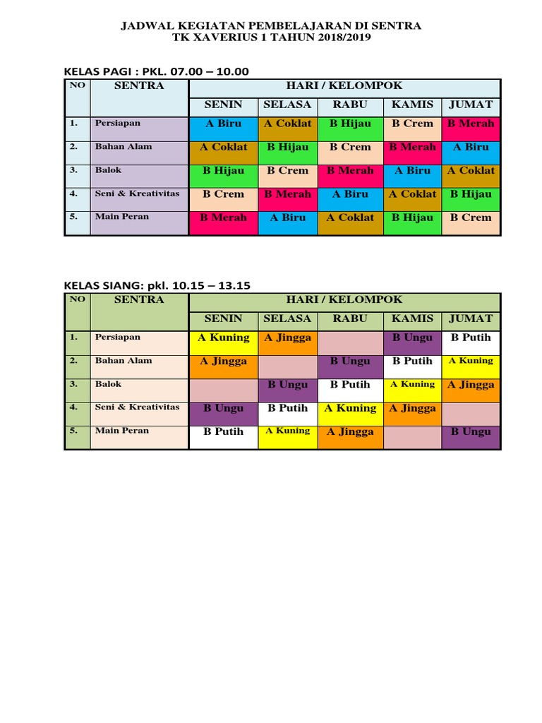 JADWAL KEGIATAN SENTRA DI TK XAVERIUS | PDF