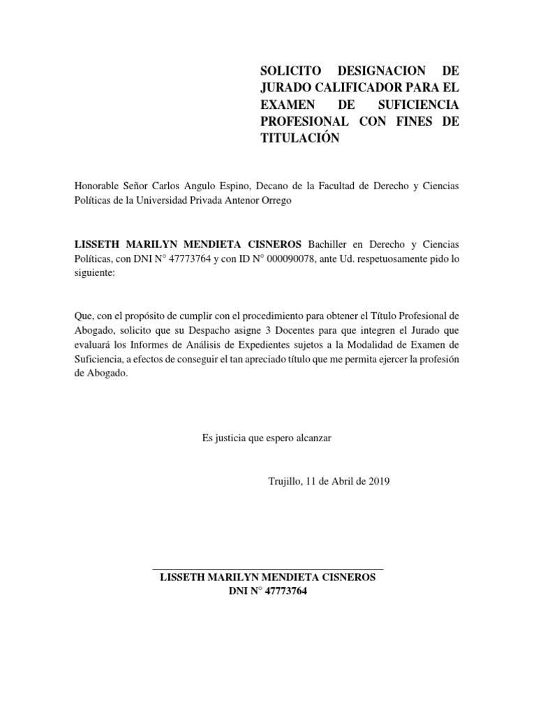 Solicita Designacion de Jurado Calificador para El Examen de Suficiencia Profesional Con Fines ...