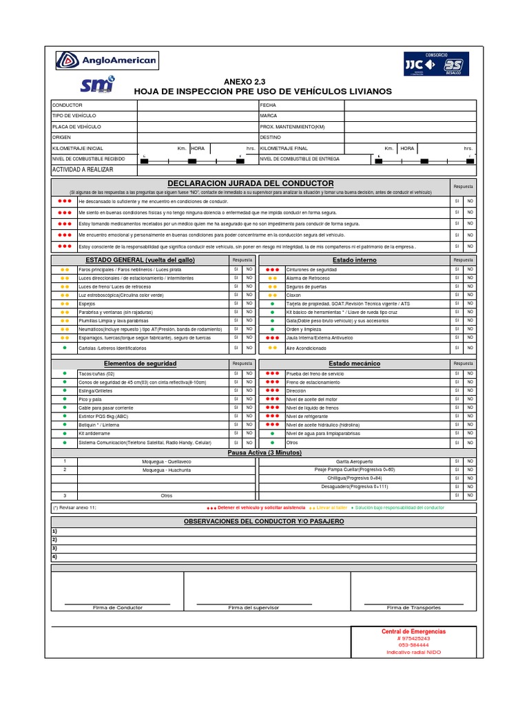 Hoja de Inspeccion de Pre Uso de Vehiculos Livianos PDF | PDF | Coche ...