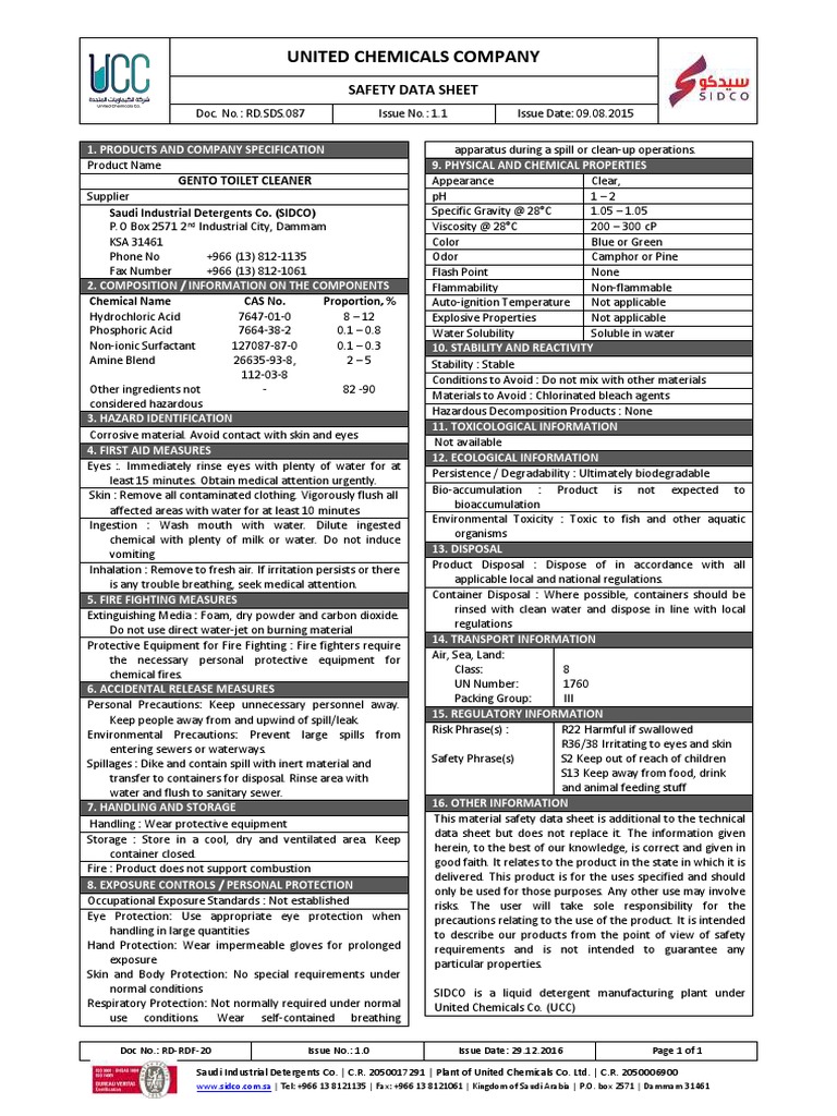 Gento Toilet Cleaner Safety Data Sheet | PDF | Water | Chemical Substances
