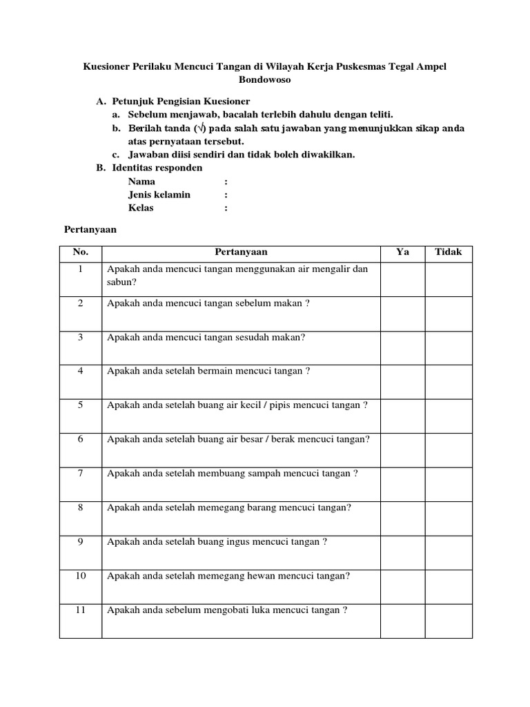 Kuesioner Pengetahuan Mencuci Tangan Dan Diare | PDF