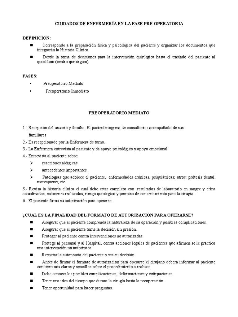 Cuidados de Enfermeria en El Pre Operatorio | PDF | Cirugía | Historial ...