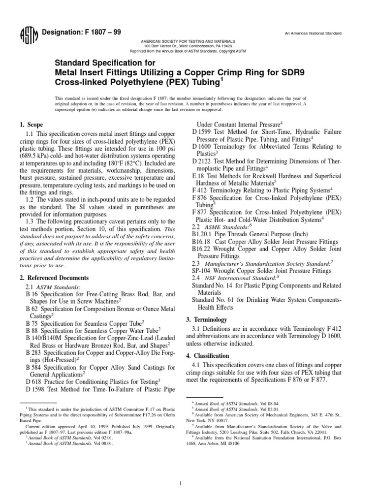 ASTM F 1807 - Metal Insert Fittings Utilizing Copper Crimp Ring For SDR ...
