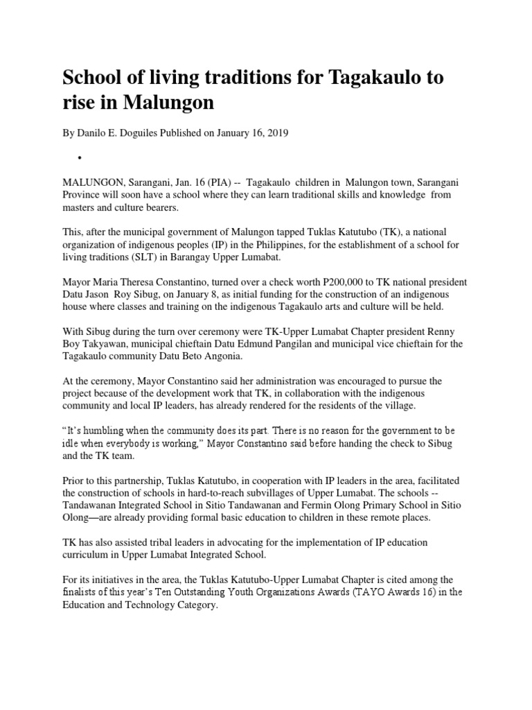School of Living Traditions For Tagakaulo To Rise in Malungon ...