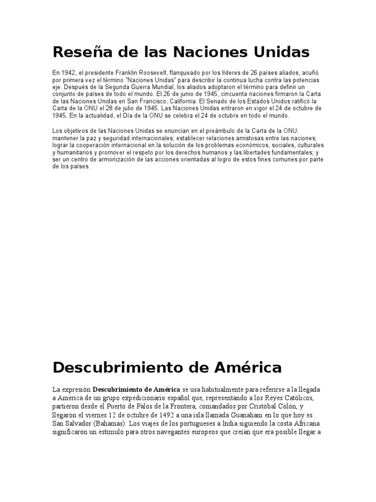 Historia y Celebraciones de la ONU | PDF | Exploración de América del ...