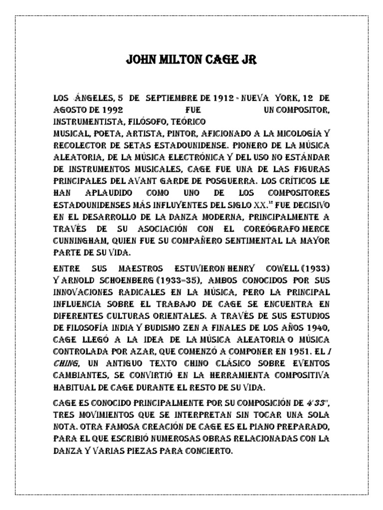 John Milton Cage JR | PDF | Composiciones Musicales | Las artes escénicas