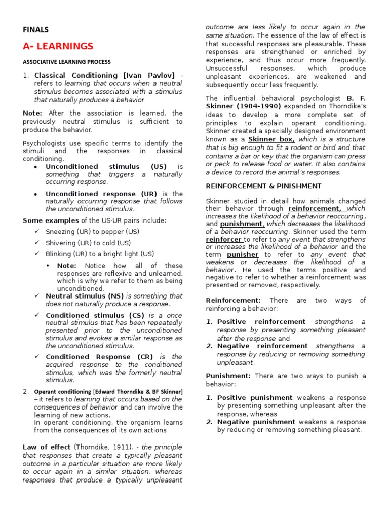 A-Learnings: Finals | PDF | Classical Conditioning | Memory