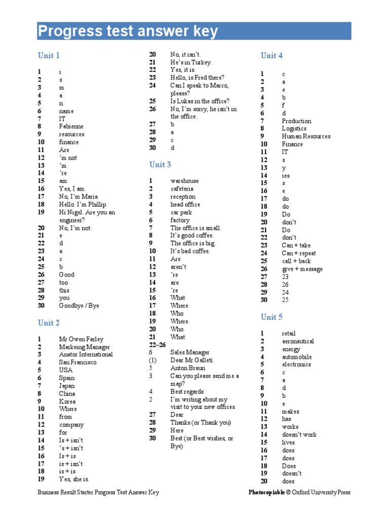 Starter Progress Test Answer Key | PDF