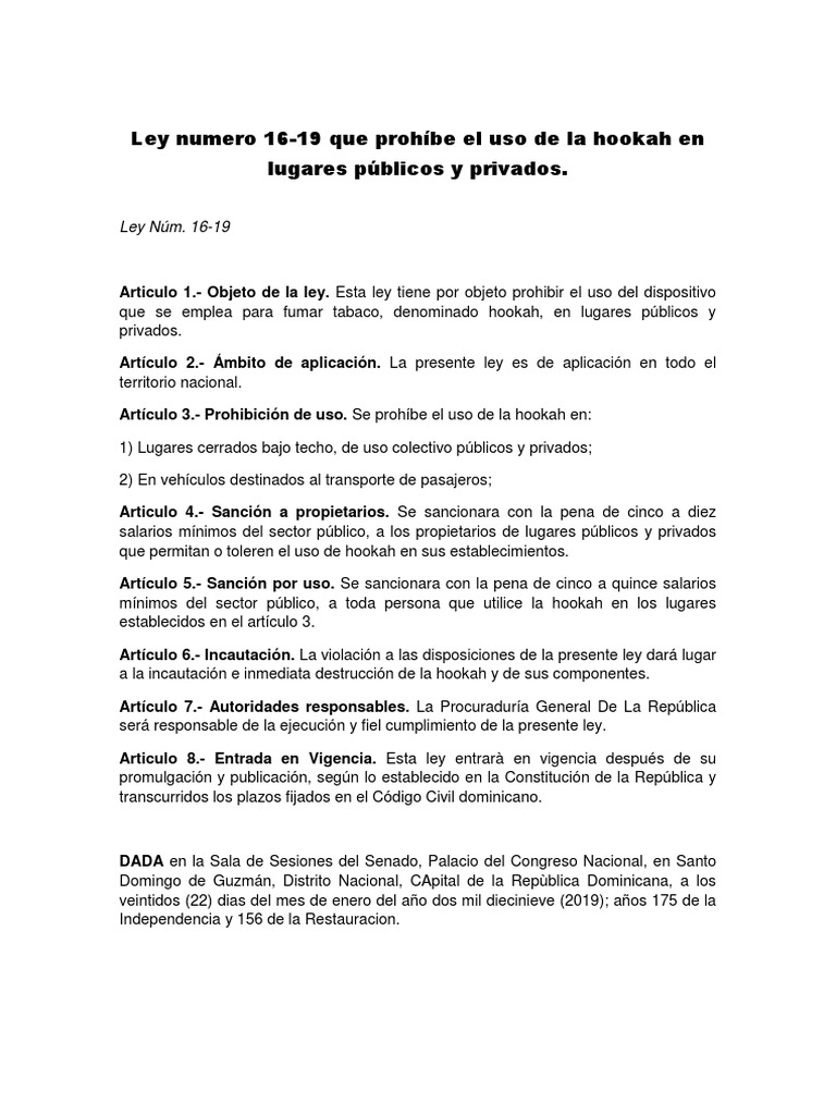 Ley Numero 16-19 Que Prohibe El Uso de La Hookah | PDF
