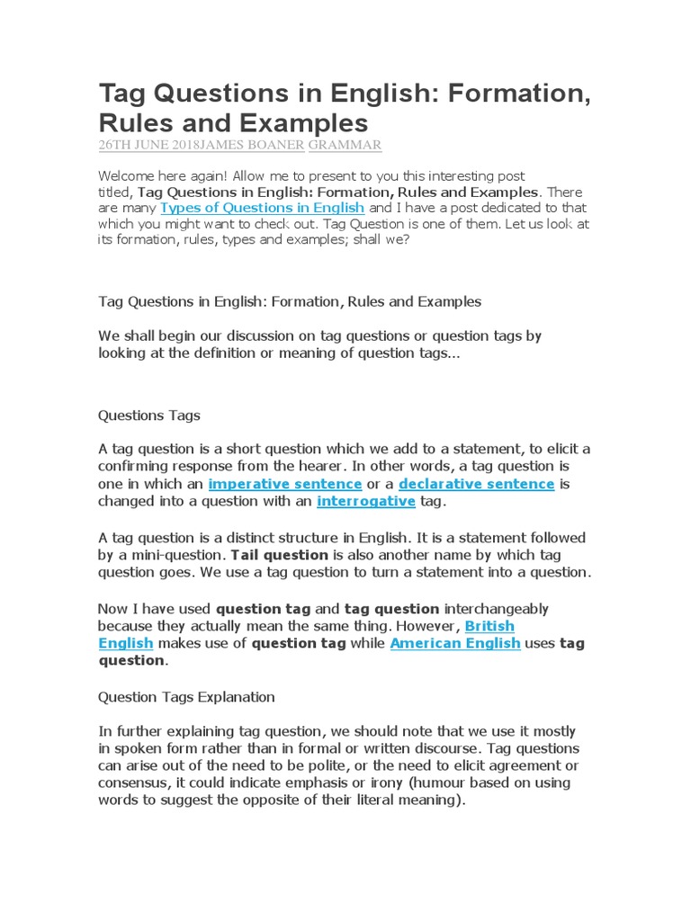 Tag Questions in English | PDF | Question | Verb