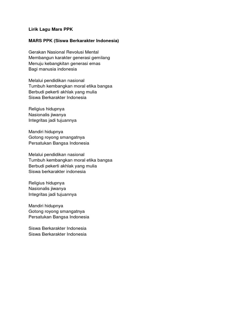Lirik Mars PPK: Siswa Berkarakter | PDF | Agama & Spiritualitas ...