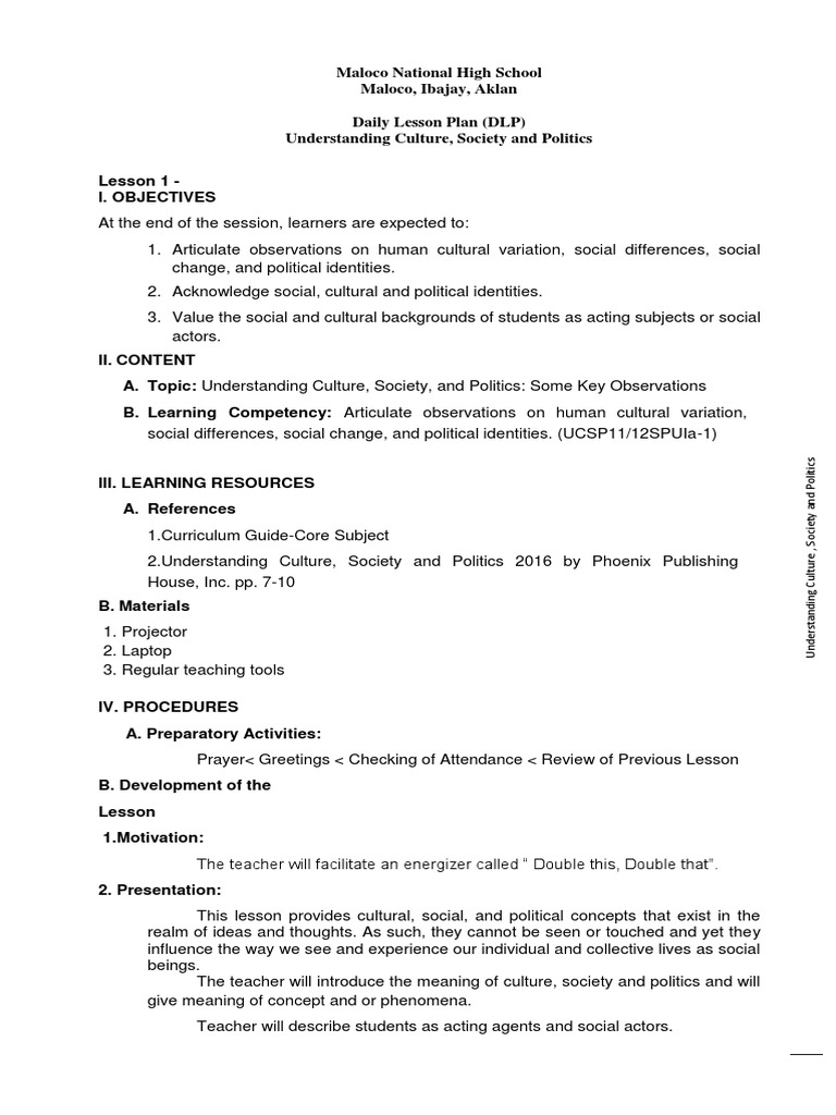 Understanding Culture Society and Politi | PDF | Lesson Plan | Teachers