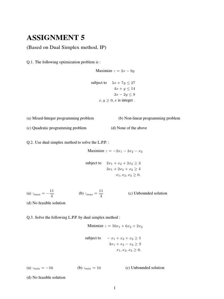 Dual Simplex Method Assignment | PDF | Linear Programming | Mathematical Optimization