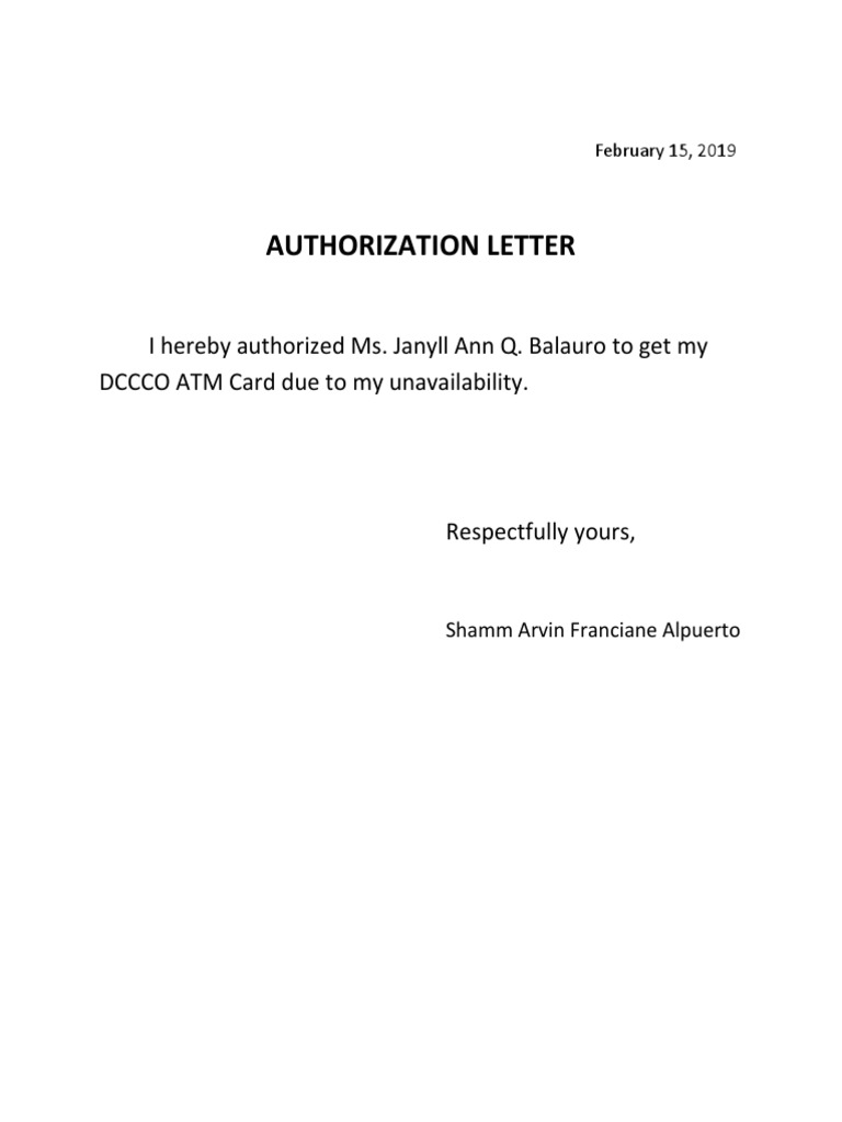 Authorization Letter: I Hereby Authorized Ms. Janyll Ann Q. Balauro To ...