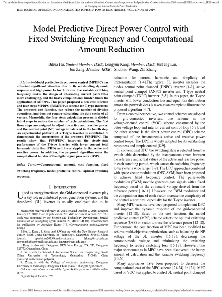 Hu Et Al - 2019 - Model Predictive Direct Power Control With Fixed Switching Frequency and | PDF ...