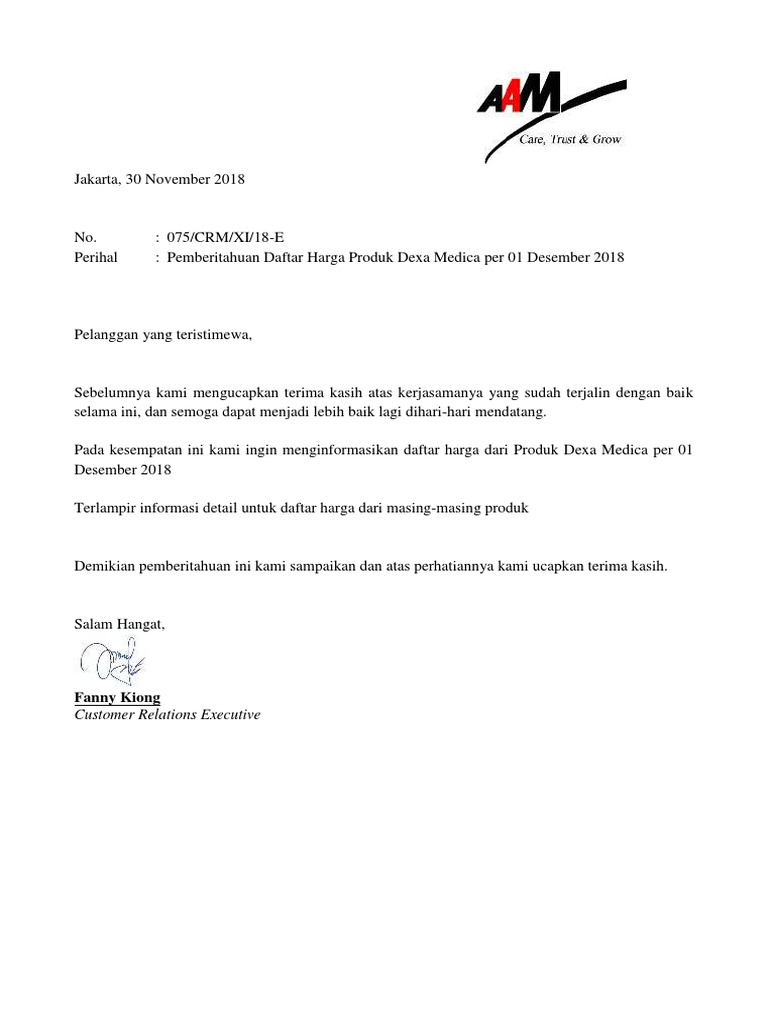 2018.75 - Surat Pemberitahuan Penyesuaian Harga Dexa Medica Per 01 Desember 2018 (Region I) | PDF