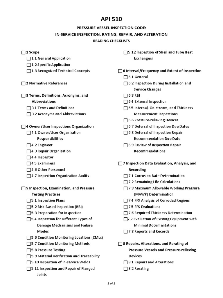 API 510 Reading Checklist | Mechanical Engineering | Engineering