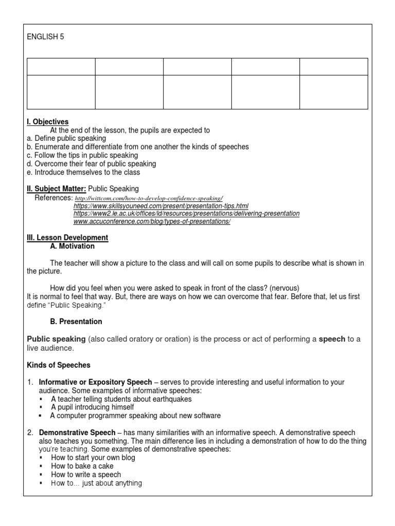 Public Speaking Lesson Plan | PDF | Public Speaking | Speech