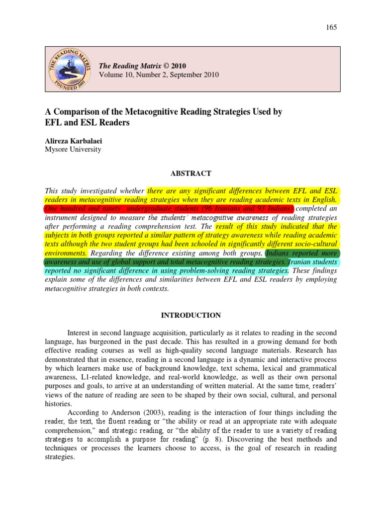 A Comparison of The Metacognitive Reading Strategies Used by EFL and ...