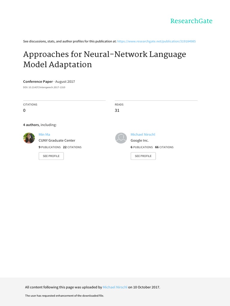 Approaches For Neural-Network Language Model Adaptation: August 2017 | PDF | Speech Recognition ...