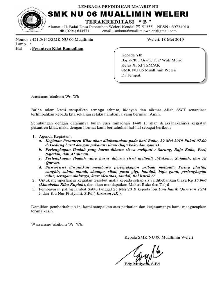 Surat Pemberitahuan Pesantren Kilat 2018 | PDF