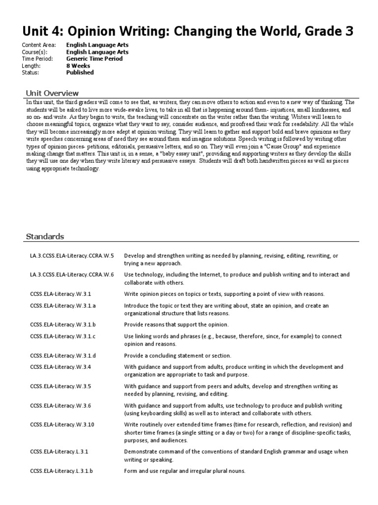 Unit 4: Opinion Writing: Changing The World, Grade 3 | PDF ...