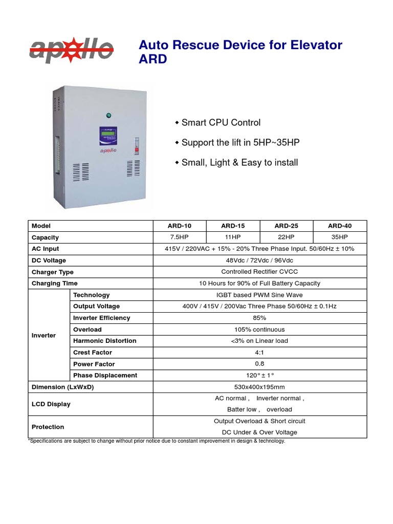 Auto Rescue Device For Elevator ARD | PDF | Power Inverter | Electrical ...