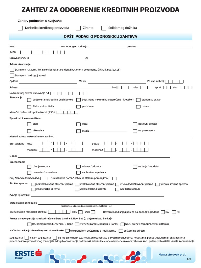 Zahtev Za Odobrenje Kreditnih Proizvoda | PDF