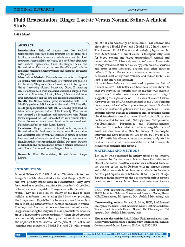 Fluid Resuscitation: Ringer Lactate Versus Normal Saline-A Clinical ...
