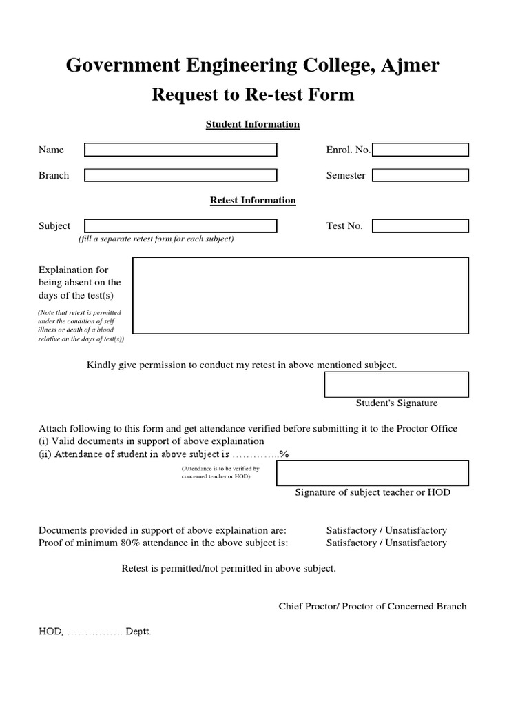 Government Engineering College, Ajmer: Request To Re-Test Form | PDF ...