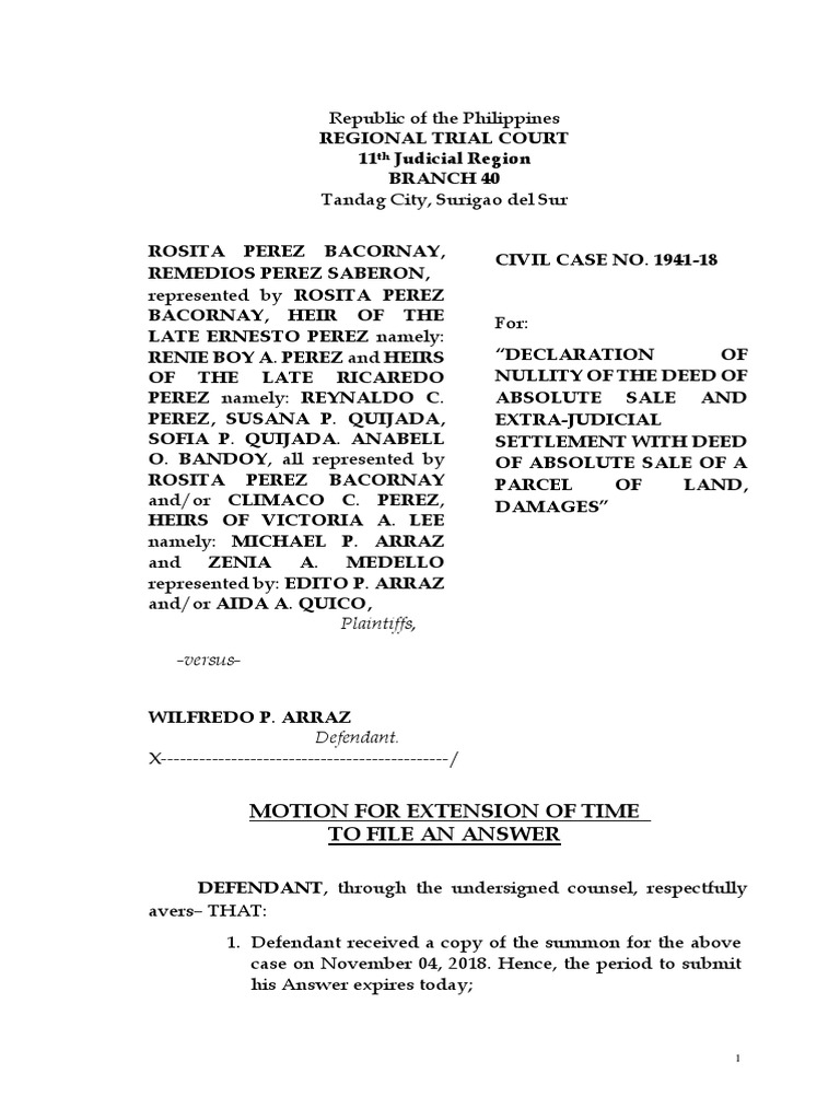 Motion For Extension of Time To File An Answer - ARRAZ | PDF | Virtue ...