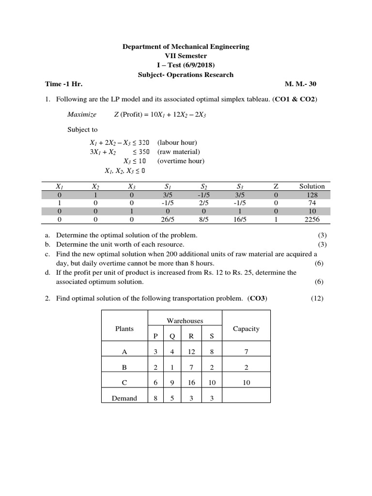 Operations Research Test: Optimal Solutions for Linear Programming and ...