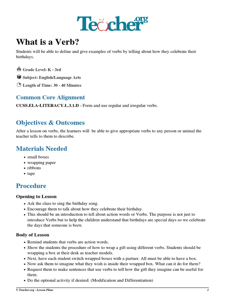 What Is A Verb?: Objectives & Outcomes | PDF | Lesson Plan | Verb
