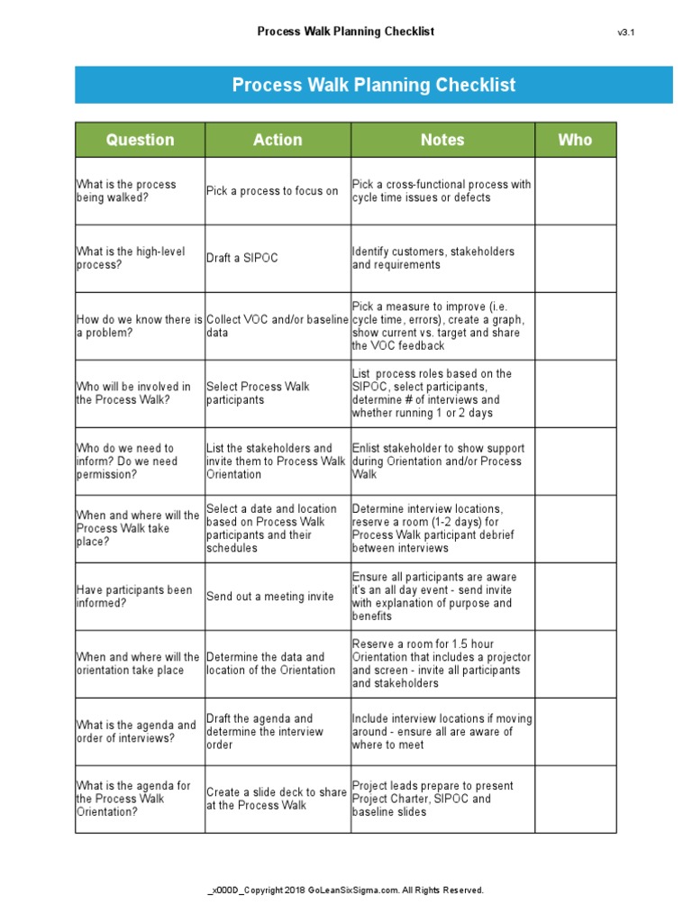 Process Walk Planning Checklist: Action Notes Who | Business ...