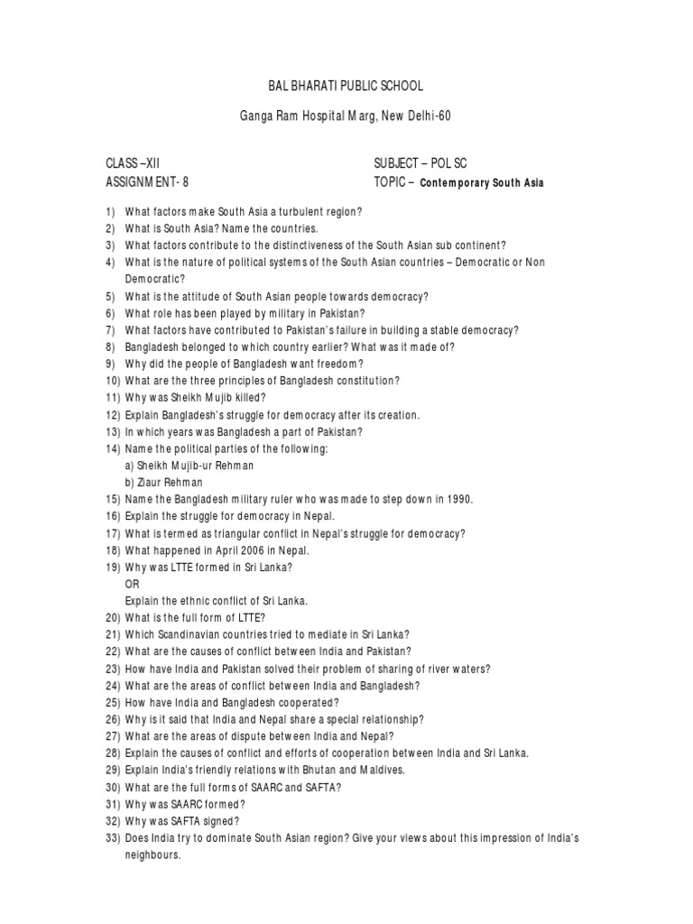 CBSE Class 12 Political Science Worksheet | PDF | South Asia ...