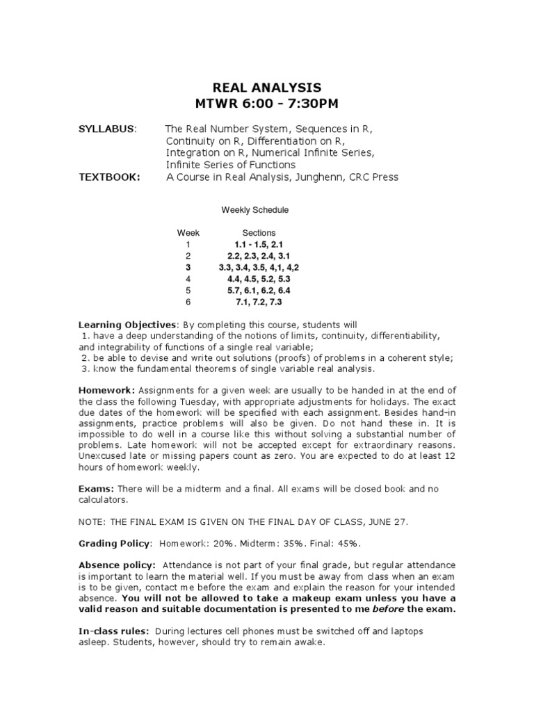 Real Analysis MTWR 6:00 - 7:30PM: SYLLABUS: The Real Number System ...