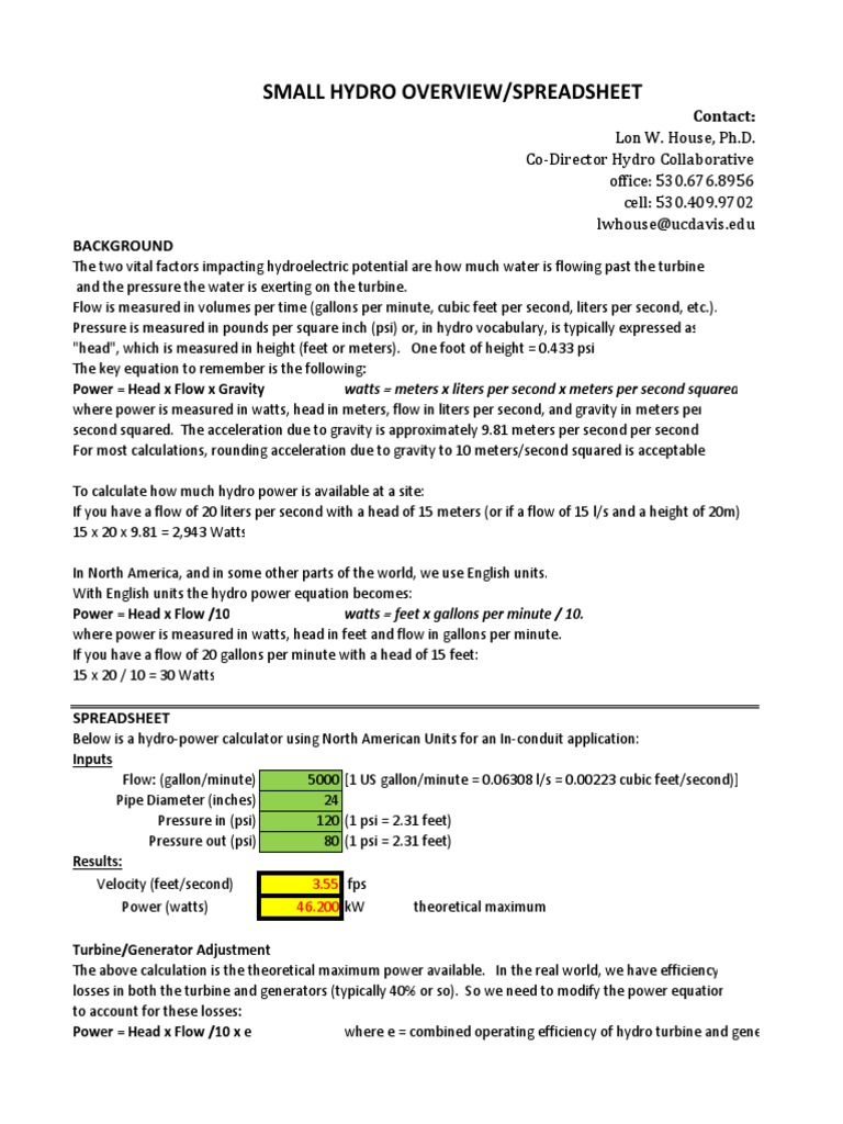 Calculating Hydroelectric Potential: An Overview and Spreadsheet for ...