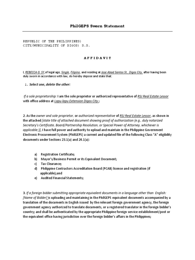 Philgeps Sworn Statement 2025 Downloadable