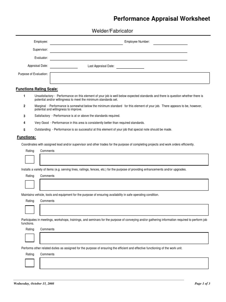 Welder Fabricator Performance Appraisal Worksheet | PDF | Competence ...